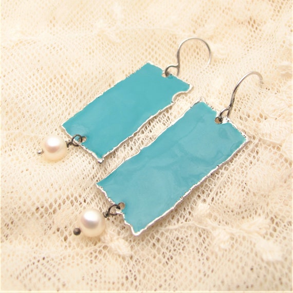 Tiffany silver pearl green enamel earrings elegant bride earrings boho wedding earrings