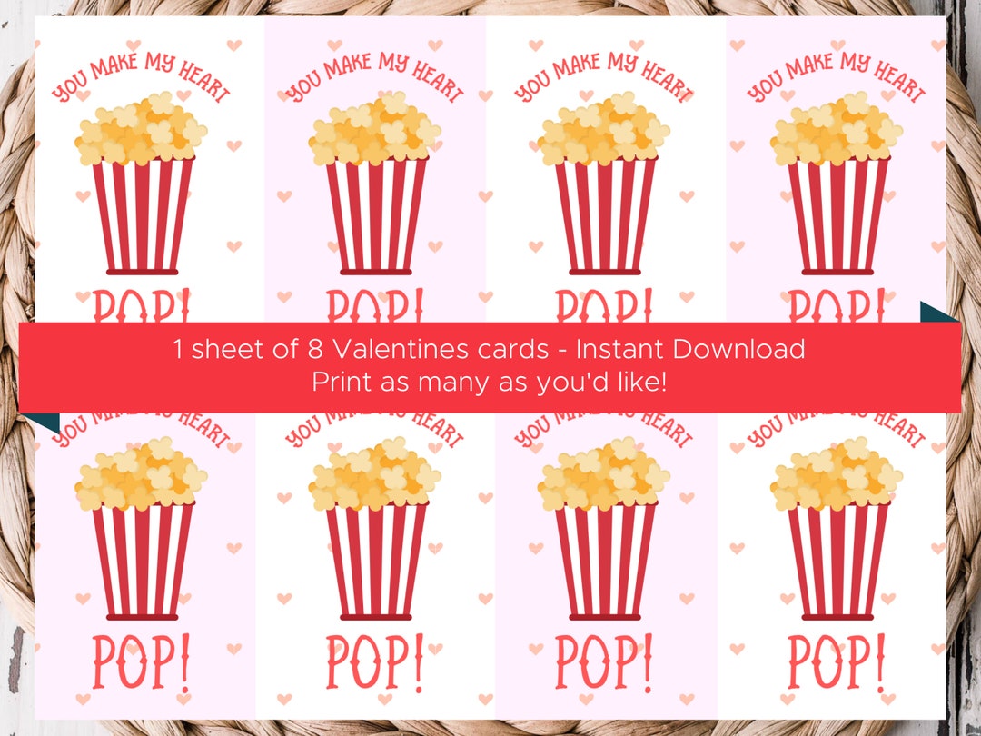 Popcorn Valentines Day Cards You Make My Heart Pop Kids Classroom ...