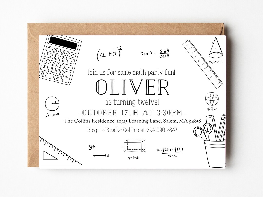 Math Birthday Invitation Math Party School Birthday Math Formulas Number And Equations Printable