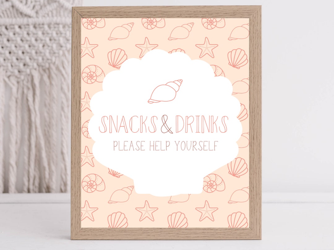 Snacks & Drinks Sign | Beach Babe Birthday | Shell Birthday | Printable ...