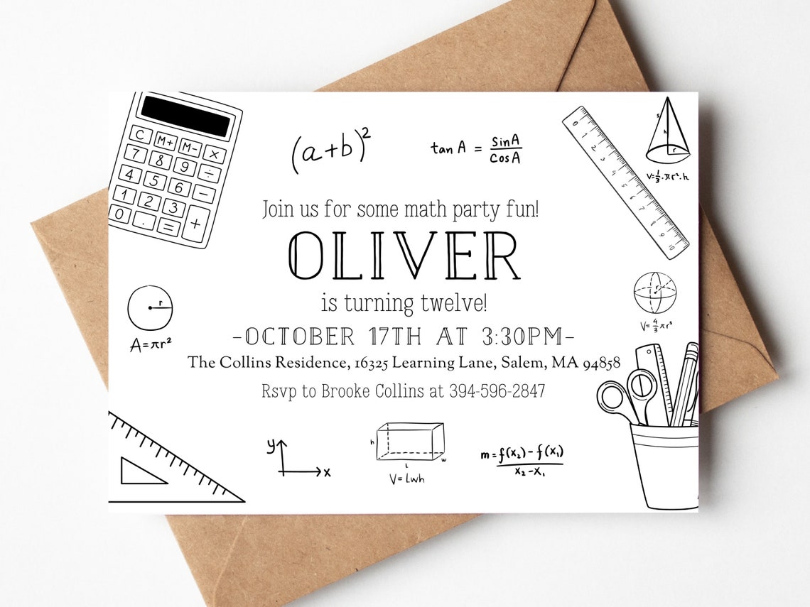 Math Birthday Invitation | Math Party | School Birthday | Math Formulas ...