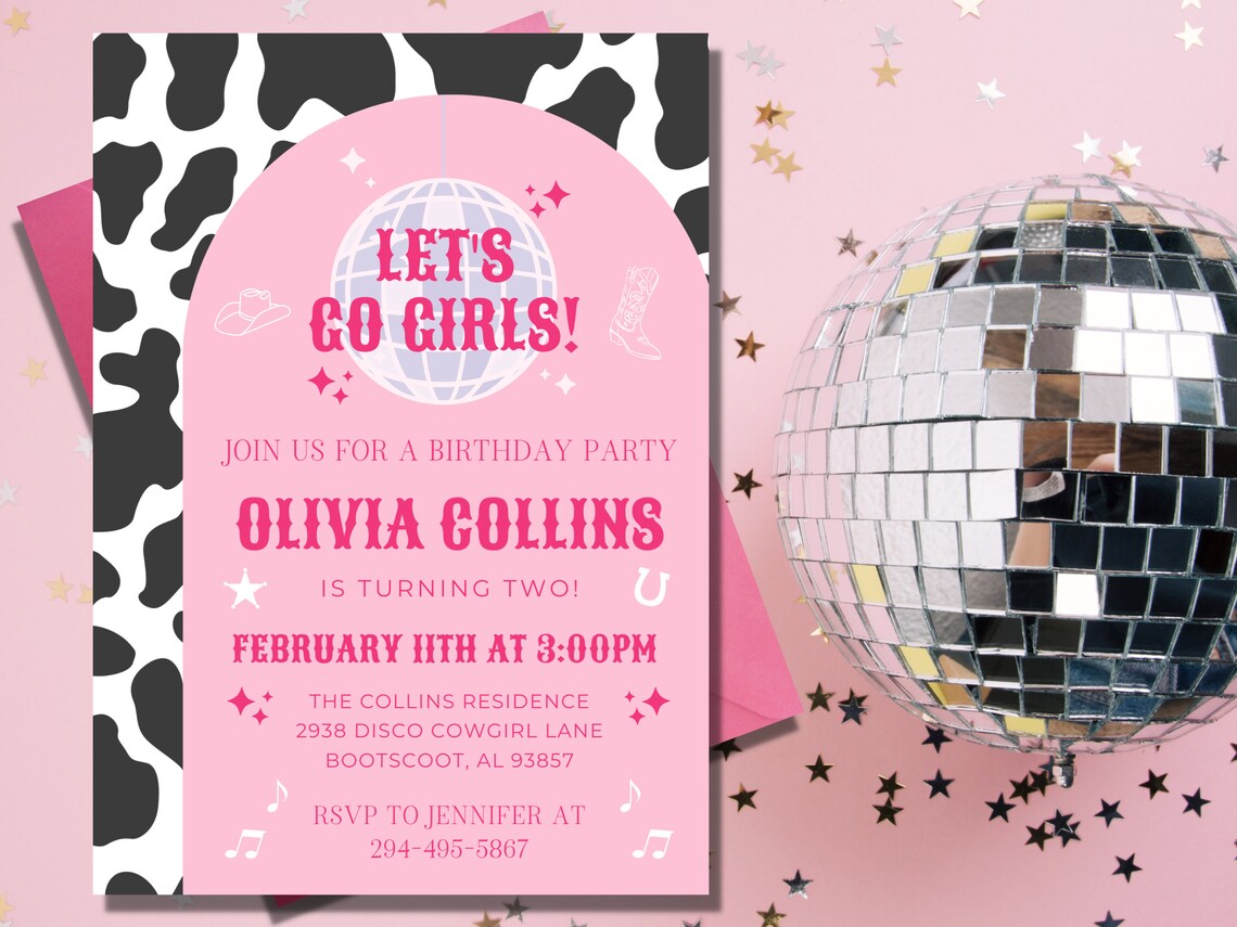 Disco Cowgirl Birthday Invitation Let's Go Girls Pink - Etsy