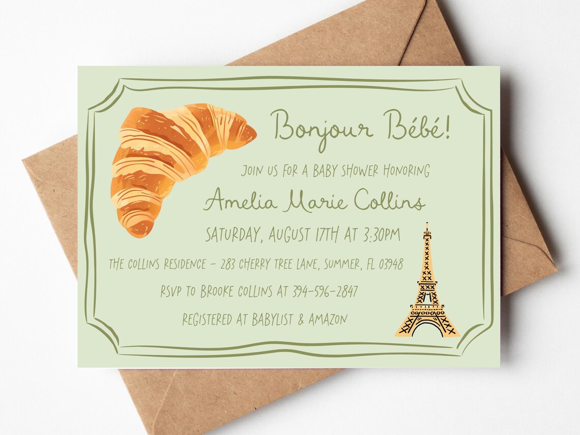 Bonjour Bebe Invitation | French Baby Shower Invitation | Paris Baby ...