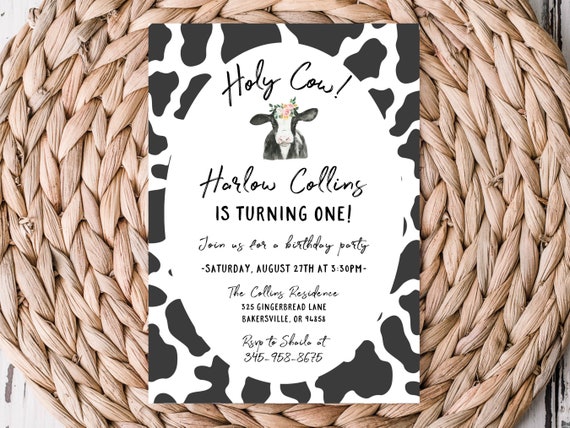 Cow Birthday Invitation Holy Cow I'm One Cow Party - Etsy