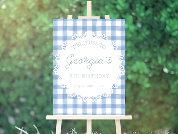 Chambray Blue Gingham Welcome Sign Printable Picnic Party - Etsy