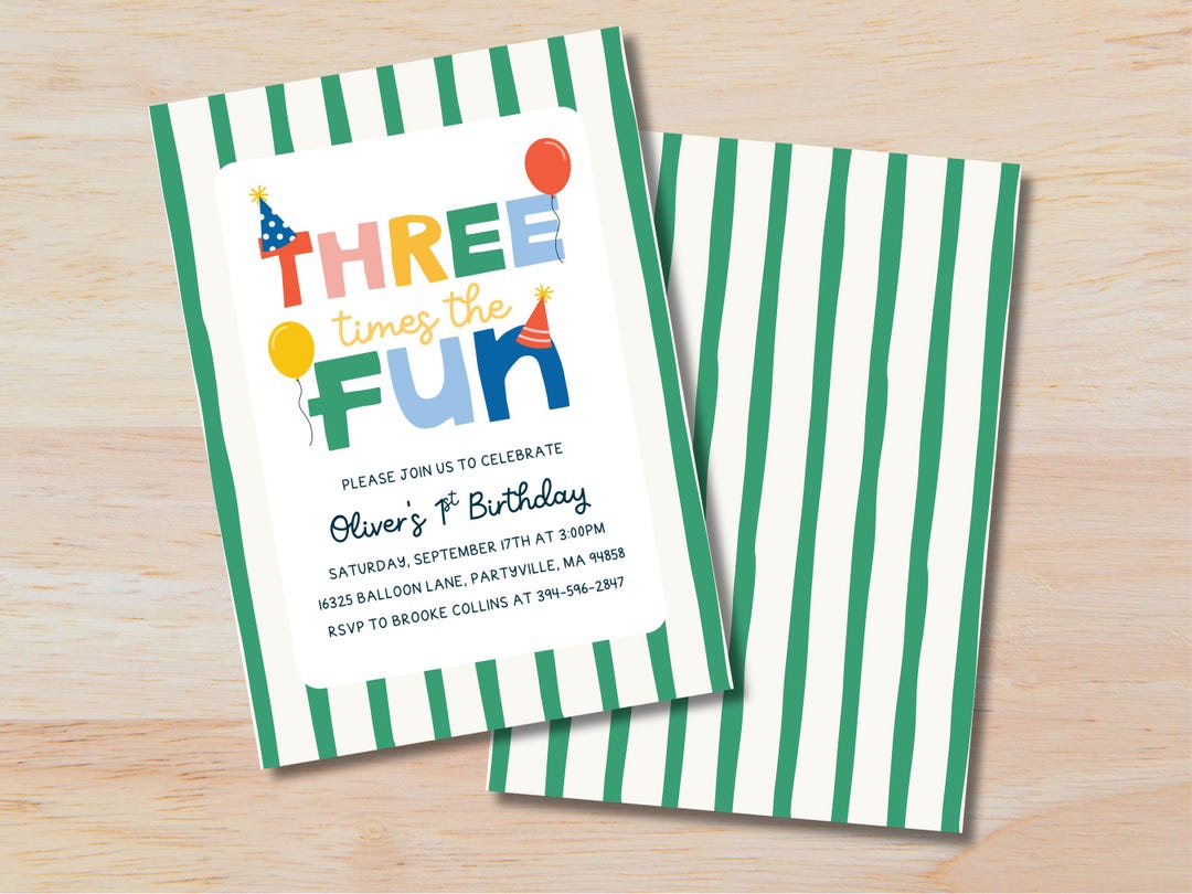 Three Times the Fun Birthday Invitation | Colorful Birthday | Third ...