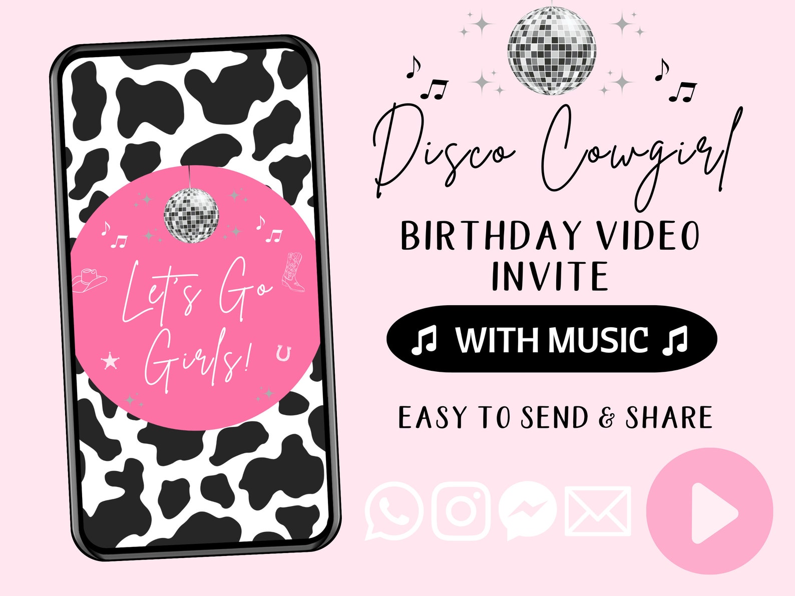 Disco Cowgirl Birthday Invitation Let's Go Girls Pink - Etsy