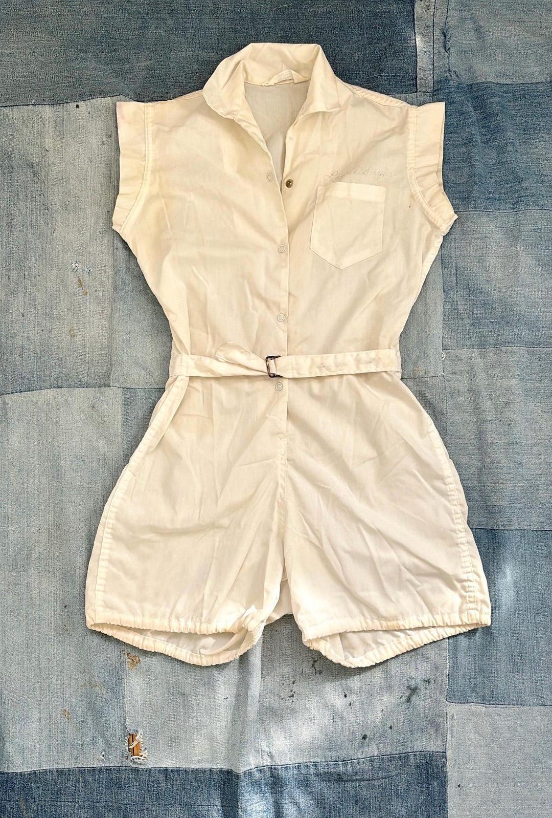 Vintage 40s 50s White Gym Uniform Romper Playsuit Short Sleeve Belted ...