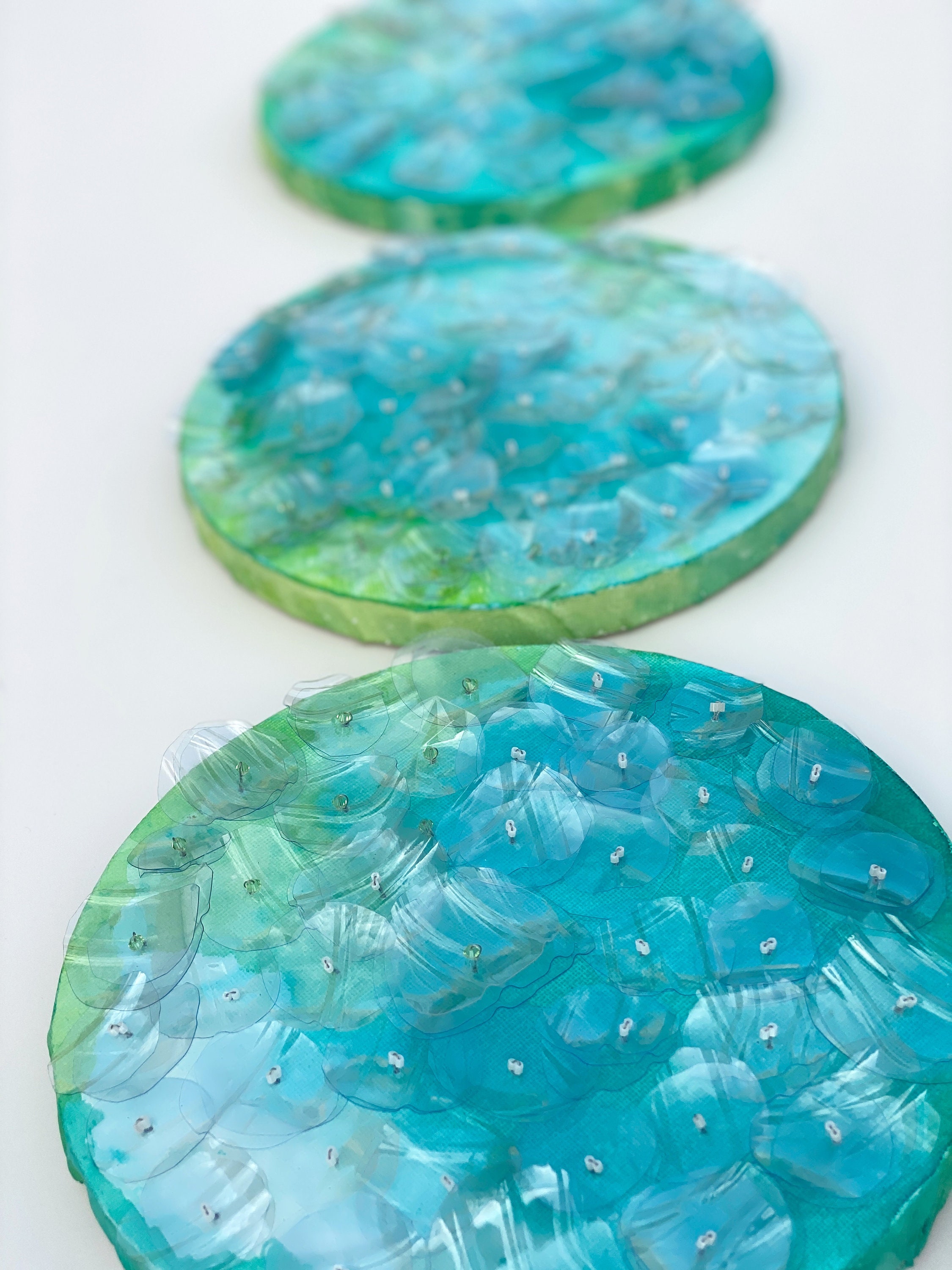 Tríptico escultura de pared de mar azul, obra de arte texturizada ...