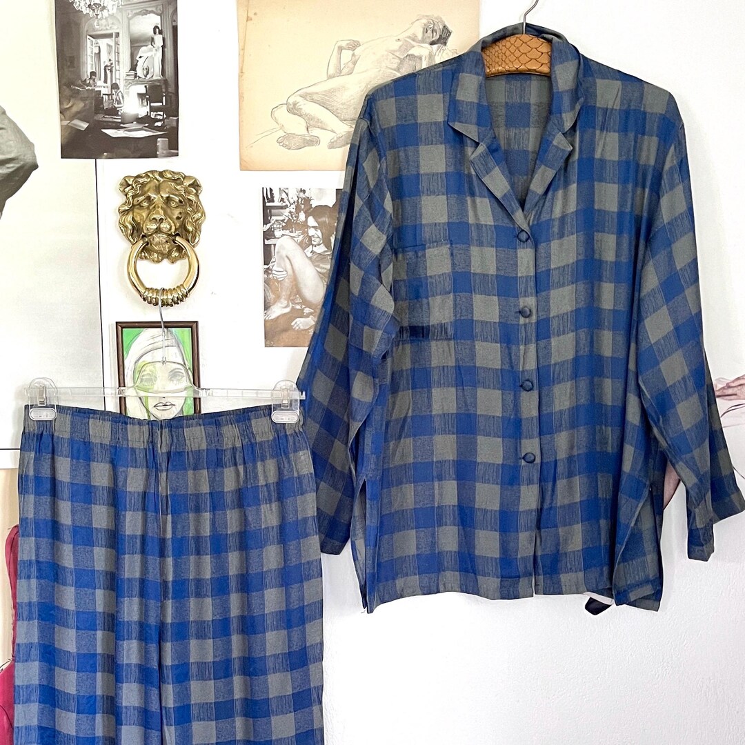 Vintage Pyjamas Men Blue Grey Squares Pattern / Pajamas Cotton / 90s ...