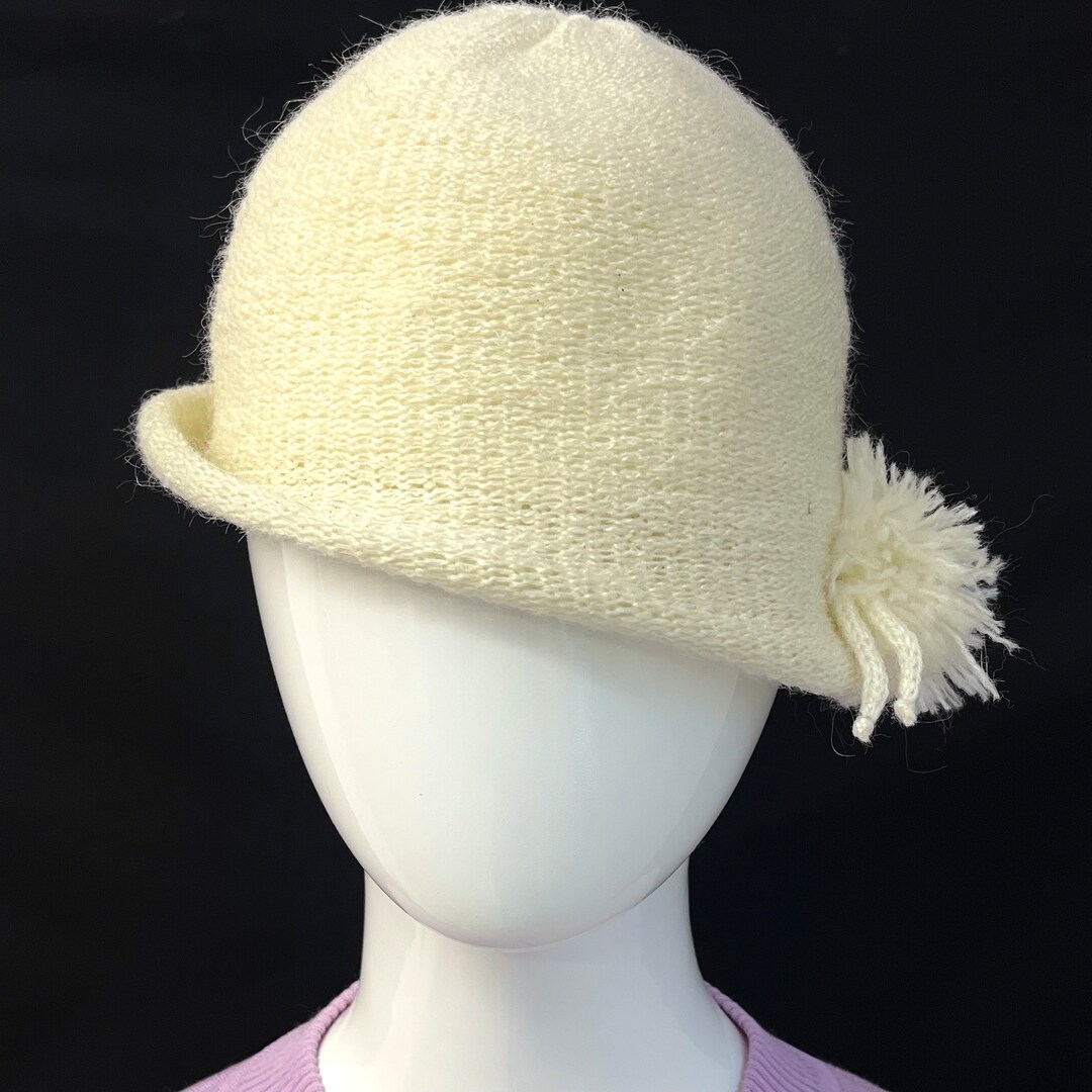 Vintage Hat Beige Wool Decorative Pompom / 1960s Embroidered Hat Women ...