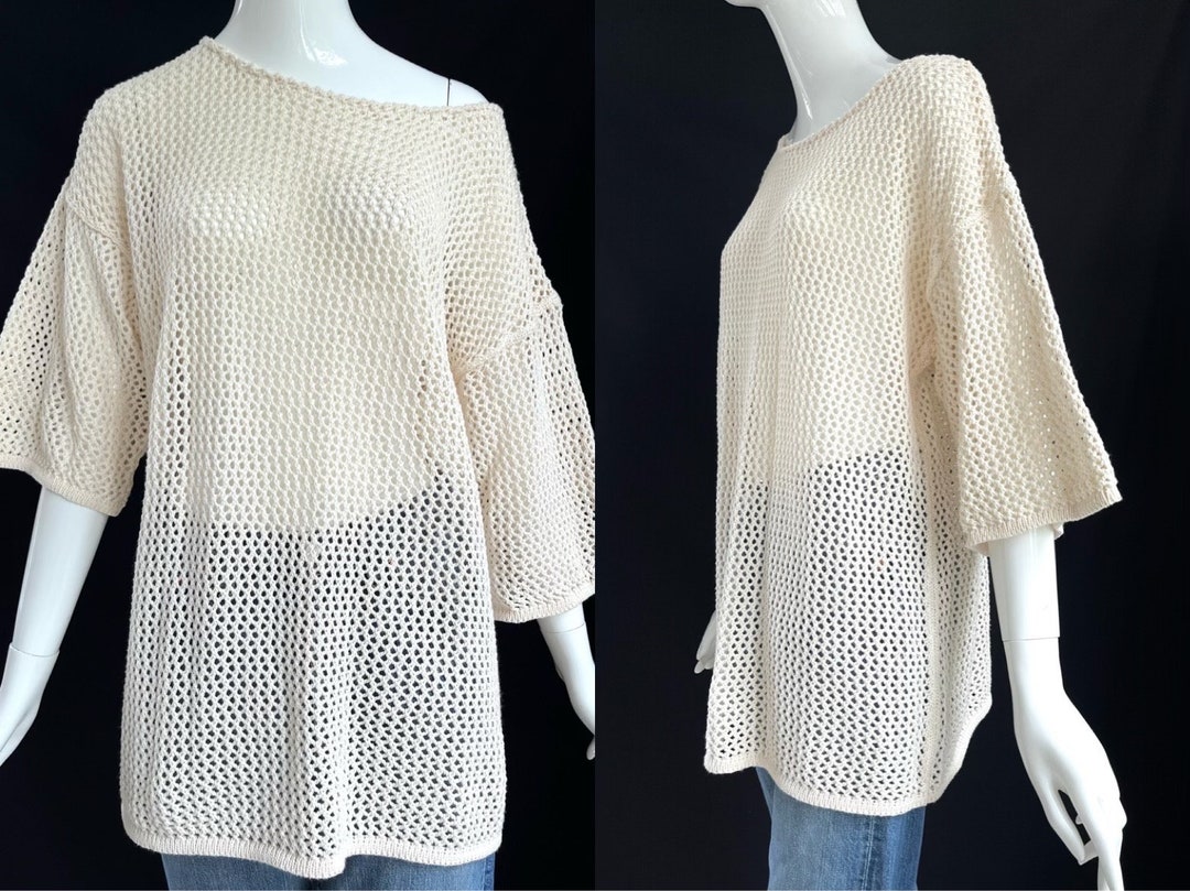 90s Pulli Beige Kurzarm / Häkelpulli Weit / Oversize Pullover - Etsy