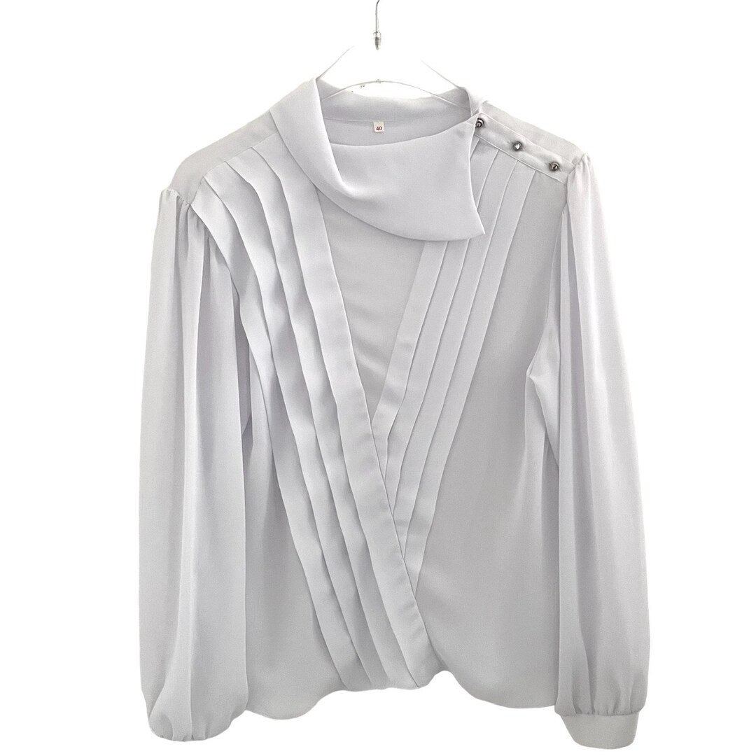 70s Blouse, Asymmetrical Collar, White, Rhinestone Buttons, Festive ...