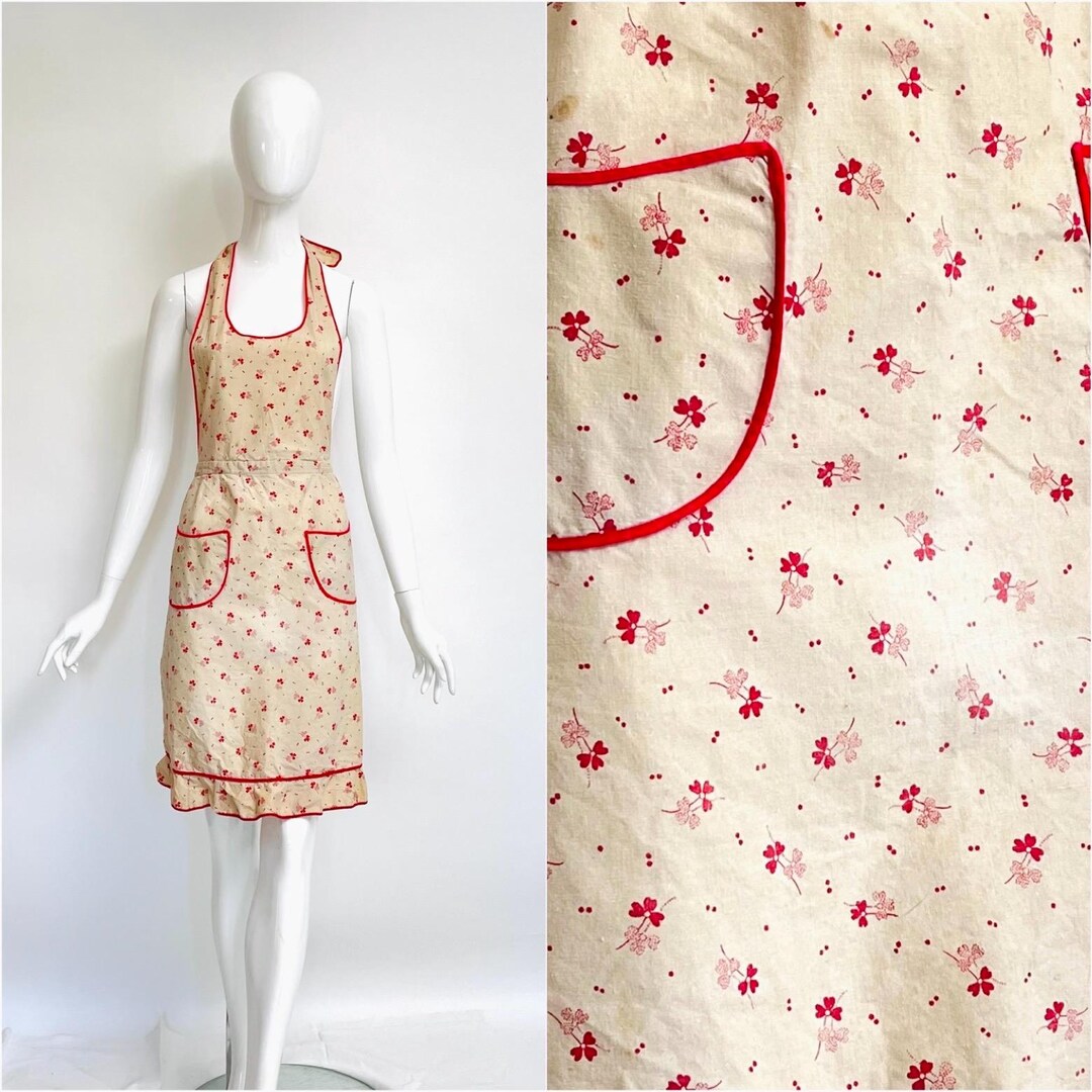 70s Apron Beige Red Floral Pattern Pockets Vintage Kitchen Apron Garden ...