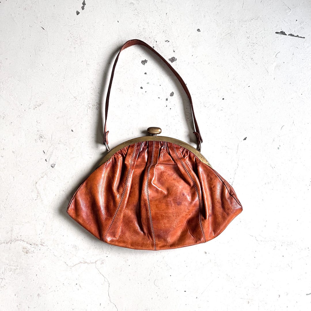 Large 70s Bag Leather Brown True Vintage Handle Bag Leather Bag Rare ...