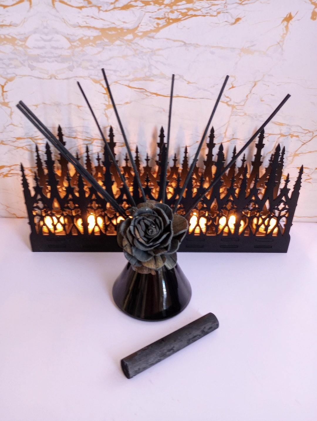 Black Diffuser/charcoal, Reeds + Sola Flower/gothic Decor/2 in 1 Diffuser/air Purifier ...
