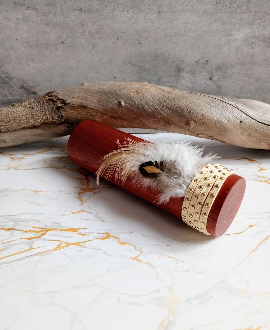 Rosewood Shaker/wood Maraca/natural Feathers, Punk Rivet Cord ...