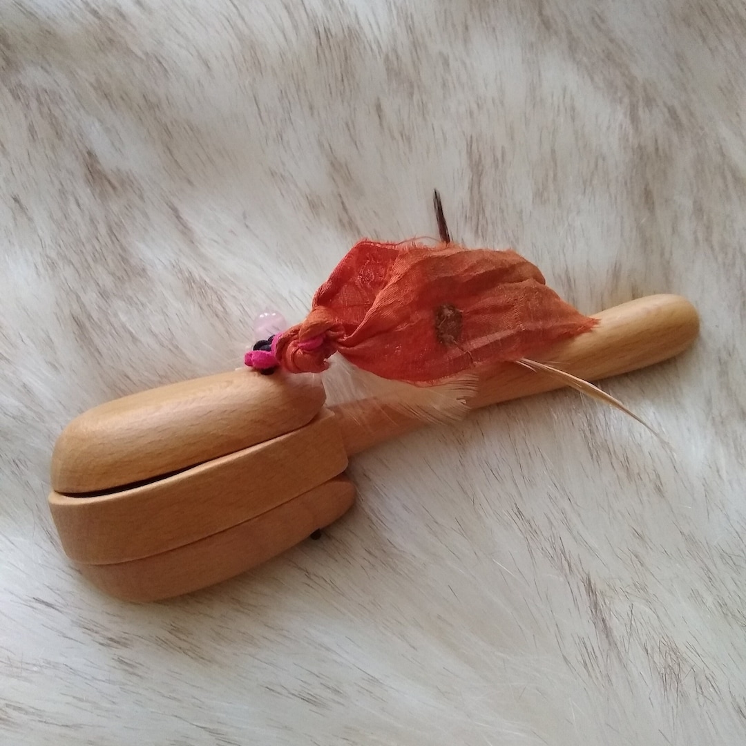 Castanet Clapper/feather + Gemstone Bead Detail/hand Made Maraca/wooden ...
