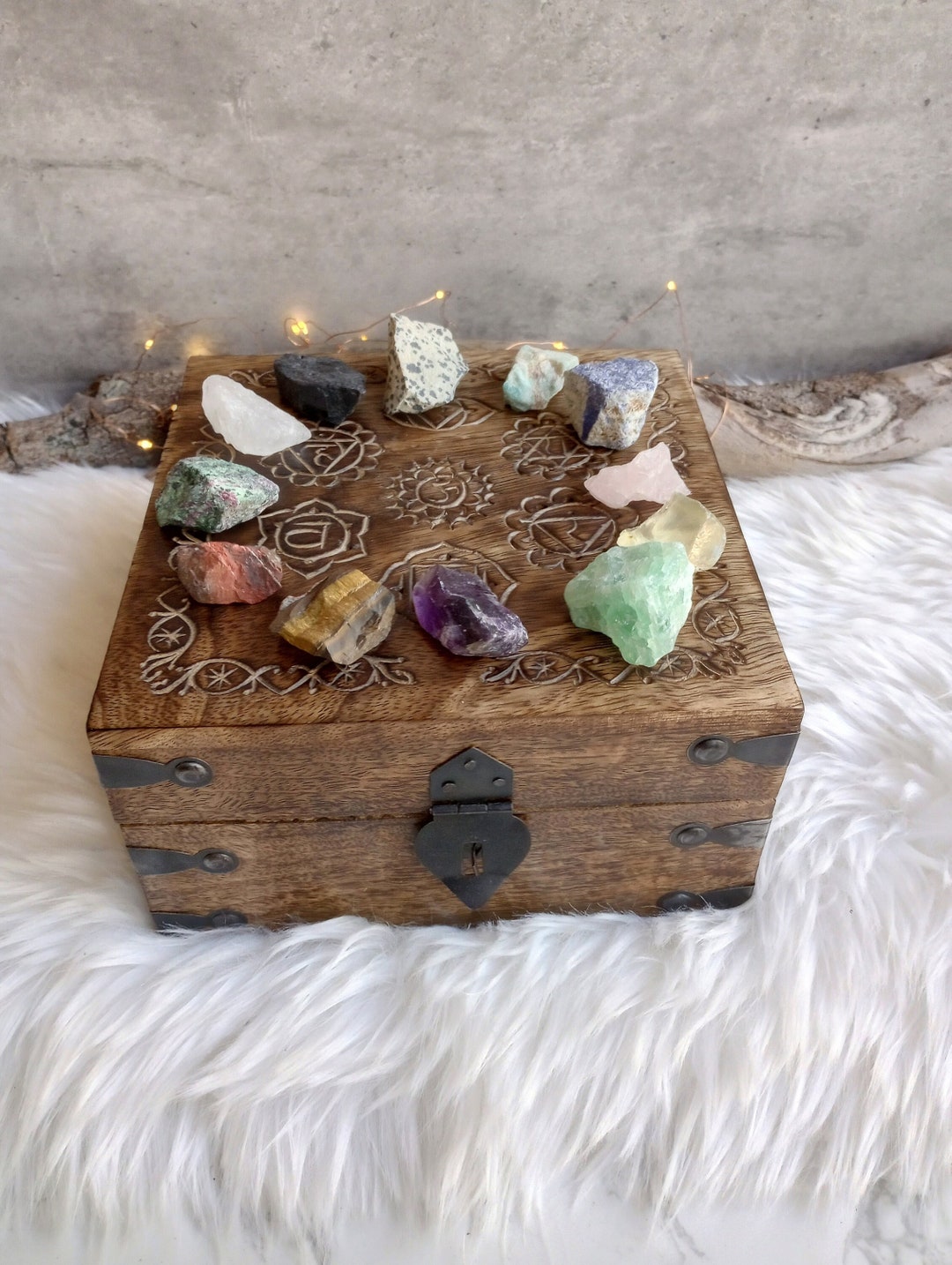Chakra Box With Chakra Crystal Set/hand Carved Mango Wood Box/chakra ...