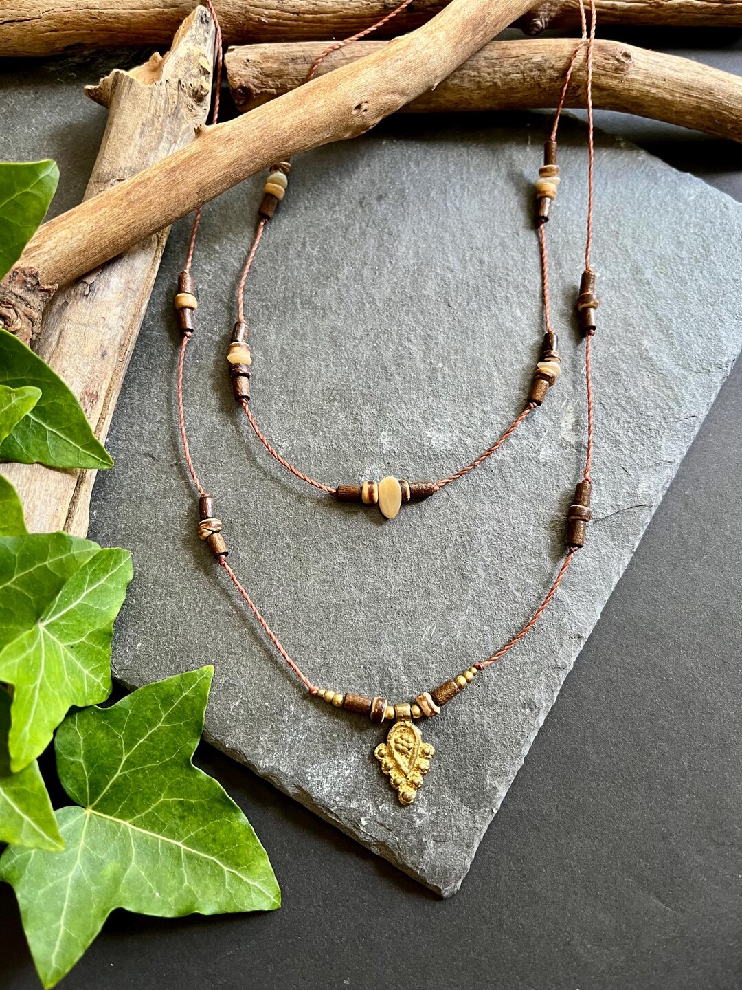 Boho Necklace Set With Wood and Brass Beads. Shell Choker Necklace ...