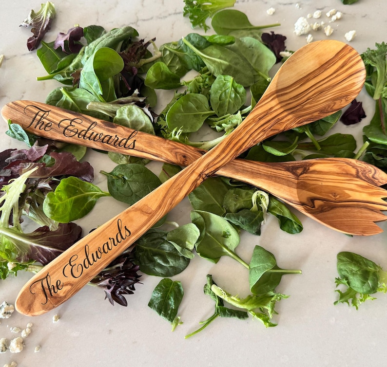 Personalized Olive Wood Salad Server Set - Engraved Rustic Kitchen Gift ...