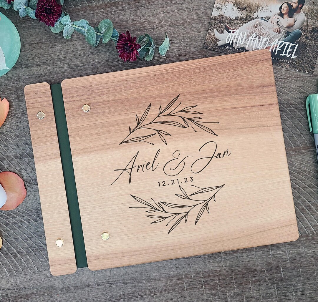 Personalized Wooden Wedding Guest Book, Engraved Laurel Design - Etsy