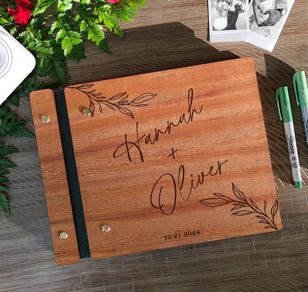 Engraved Wooden Wedding Guest Book: Personalized Modern Welcome Album ...