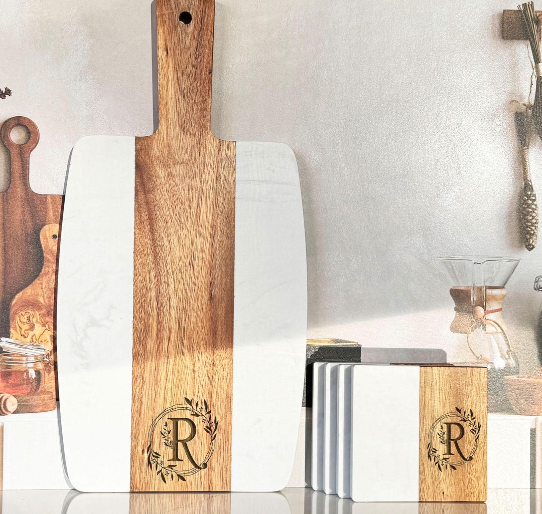 Custom Acacia Wood Marble Cheese Board Floral Monogram and Coaster Set ...