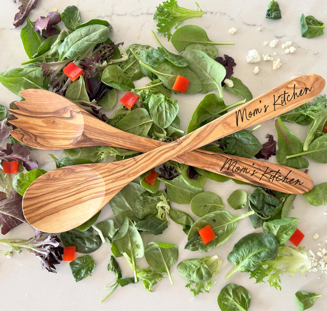 Personalized Olive Wood Salad Server Set - Engraved Rustic Kitchen Gift ...