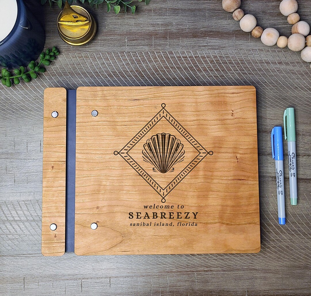 Beach House Guest Book: Custom Engraved Wood, Tropical Shell Design - Etsy
