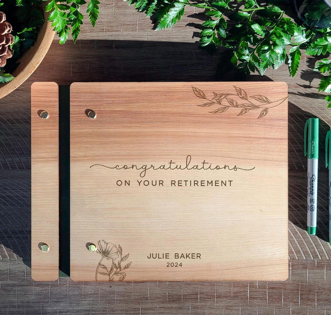 Retirement Guest Book - Custom Engraved Floral Wooden Guestbook ...