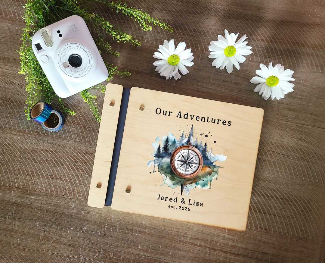 Custom Wood Adventure Book With Mountain Compass Design, Travel ...