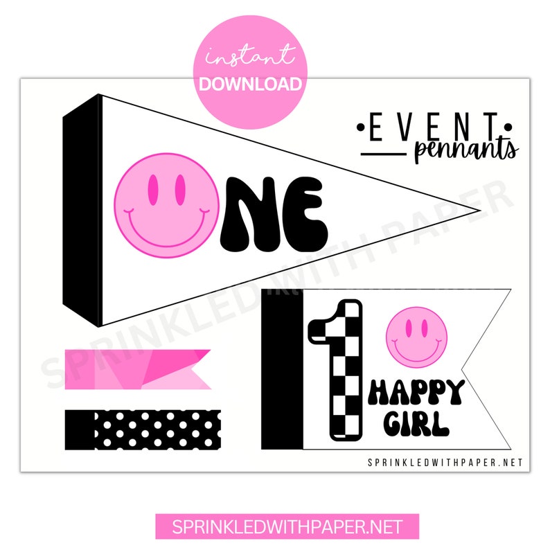 One Happy Girl First Birthday Printable Pennant Flag, Smash Cake Topper ...