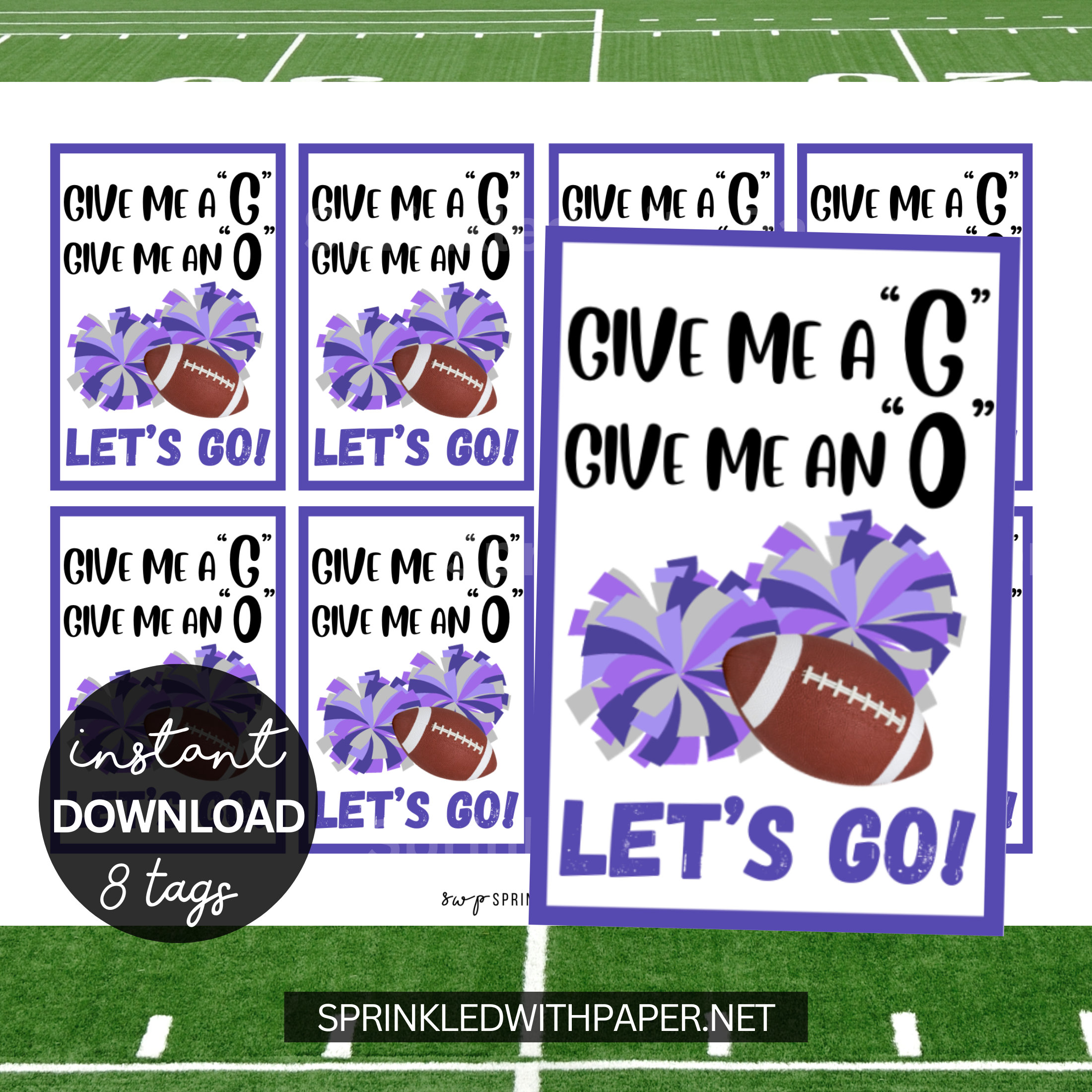 It's Game Day Cheer Printable Tags, Cheer Good Luck Tag, Purple Cheer ...