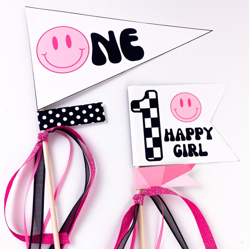 One Happy Girl First Birthday Printable Pennant Flag, Smash Cake Topper ...