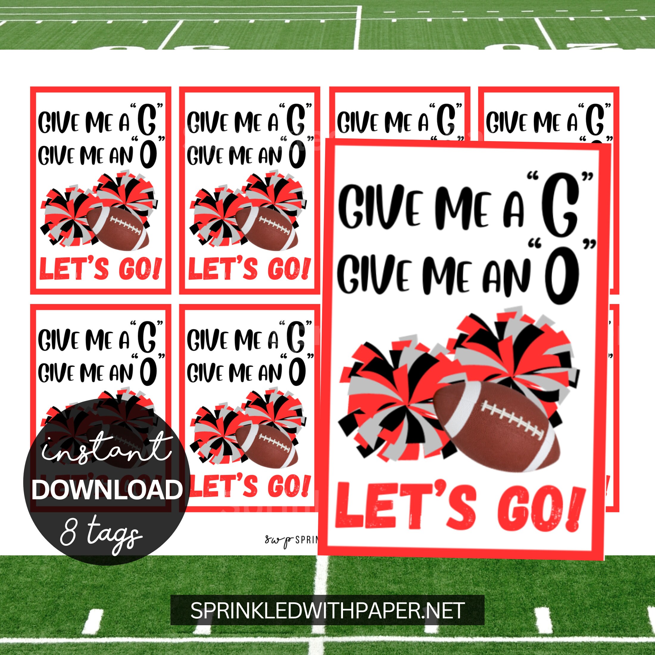 It's Game Day Cheer Printable Tags, Cheer Good Luck Tag, Red Cheer Pom ...