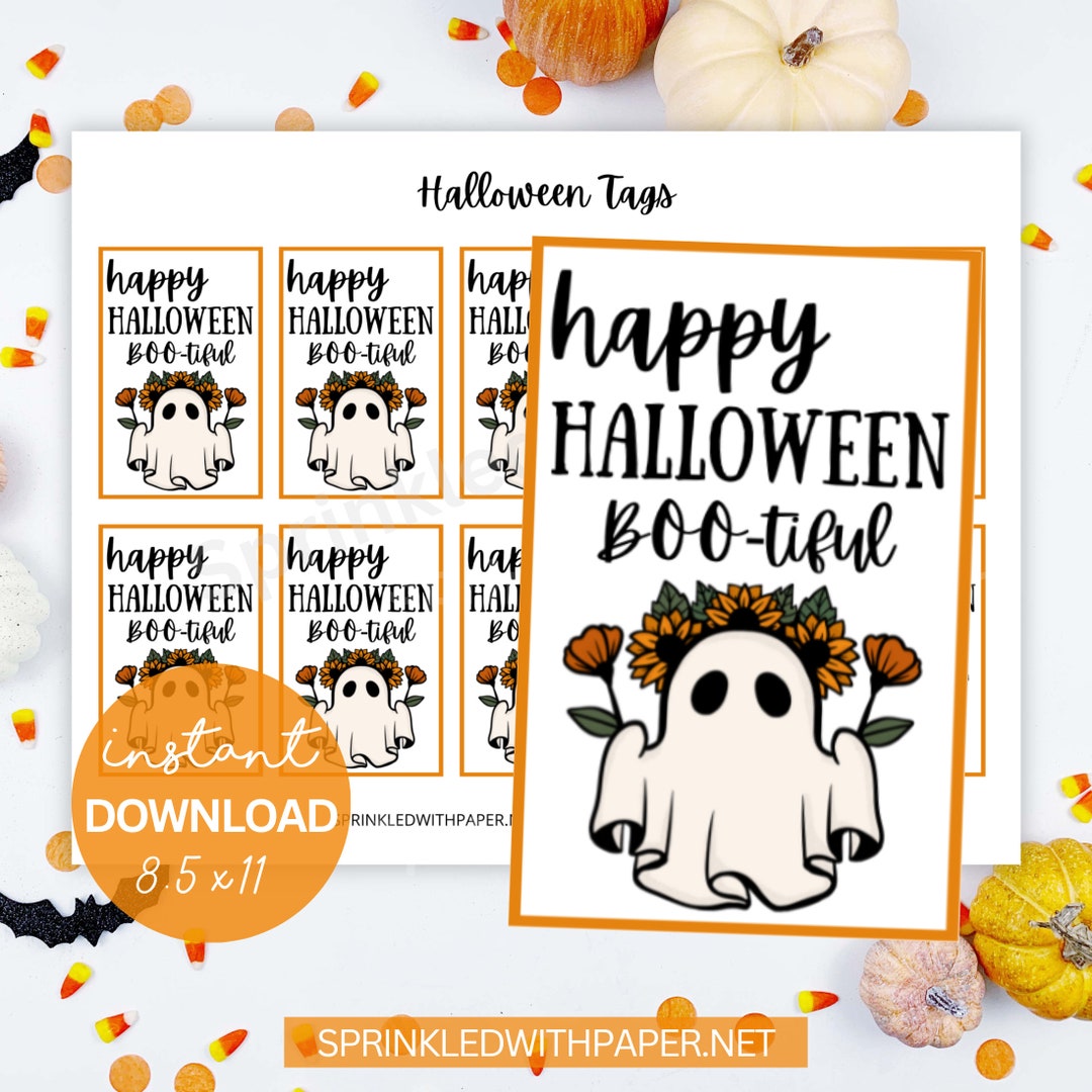 Halloween Printable Favor Tags, Happy Halloween Boo-tiful Boho Ghost ...