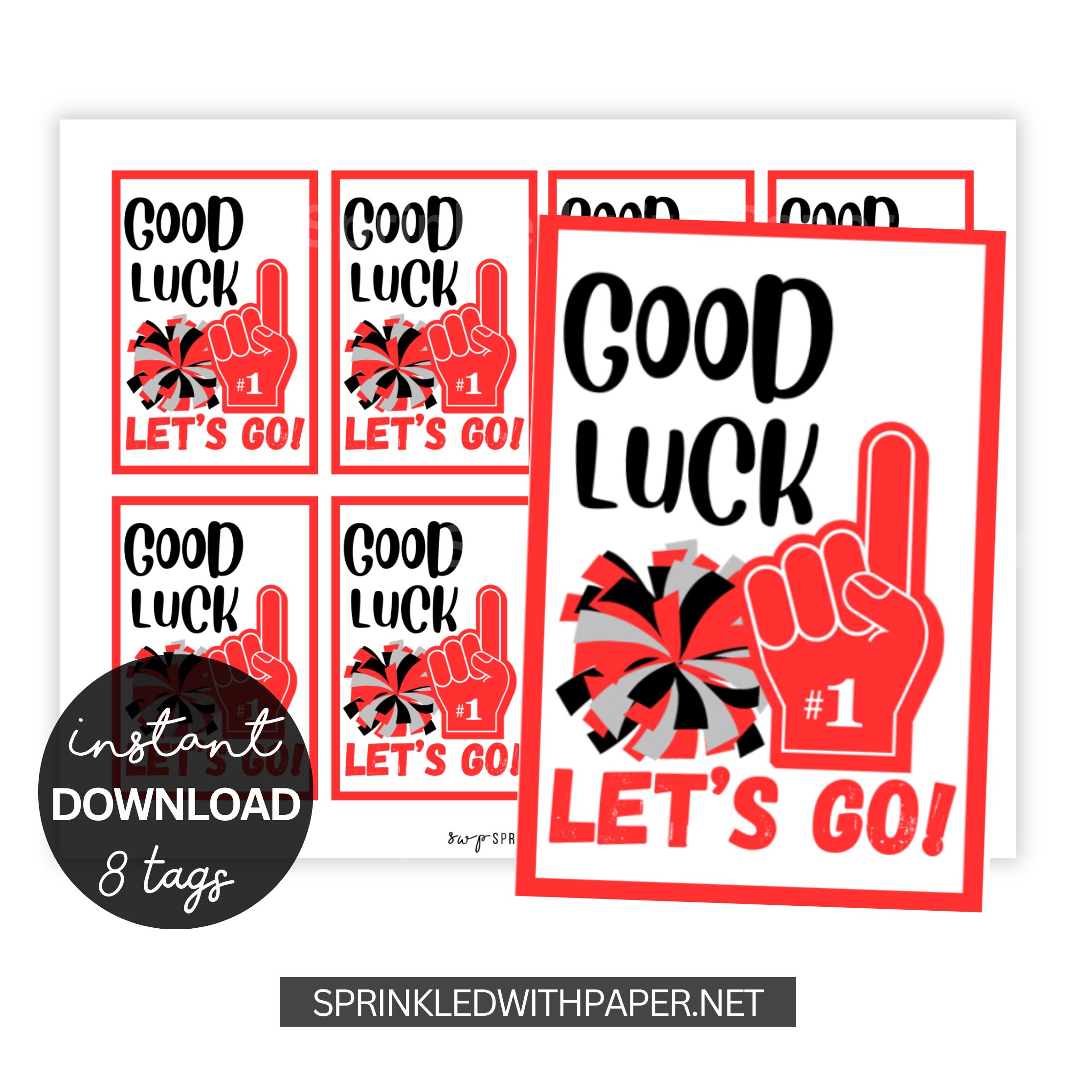 Good Luck Cheer Printable Tags, Cheer Good Luck Tag, Red Cheer Pom Poms ...
