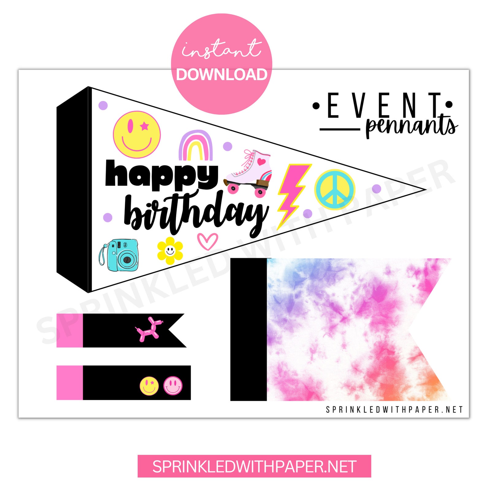 Preppy Girl Happy Birthday Printable Pennant Flag, Smiley Face ...