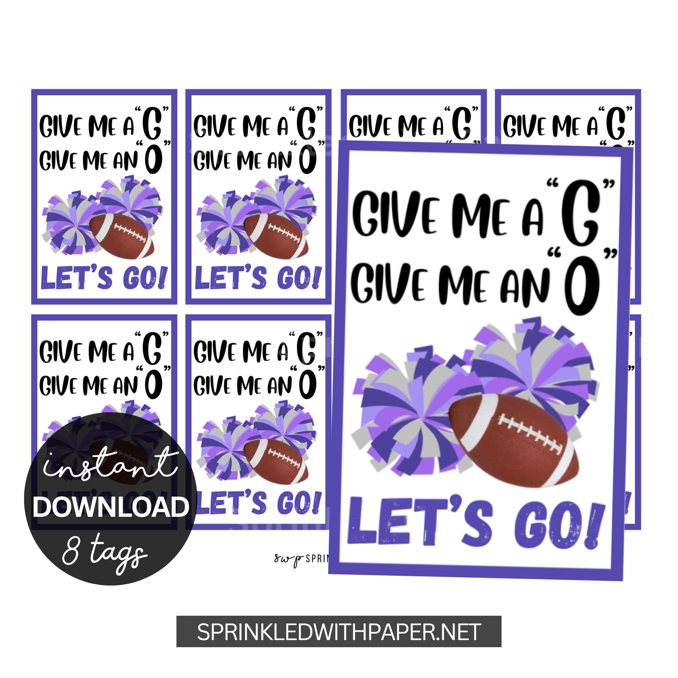 It's Game Day Cheer Printable Tags, Cheer Good Luck Tag, Purple Cheer ...
