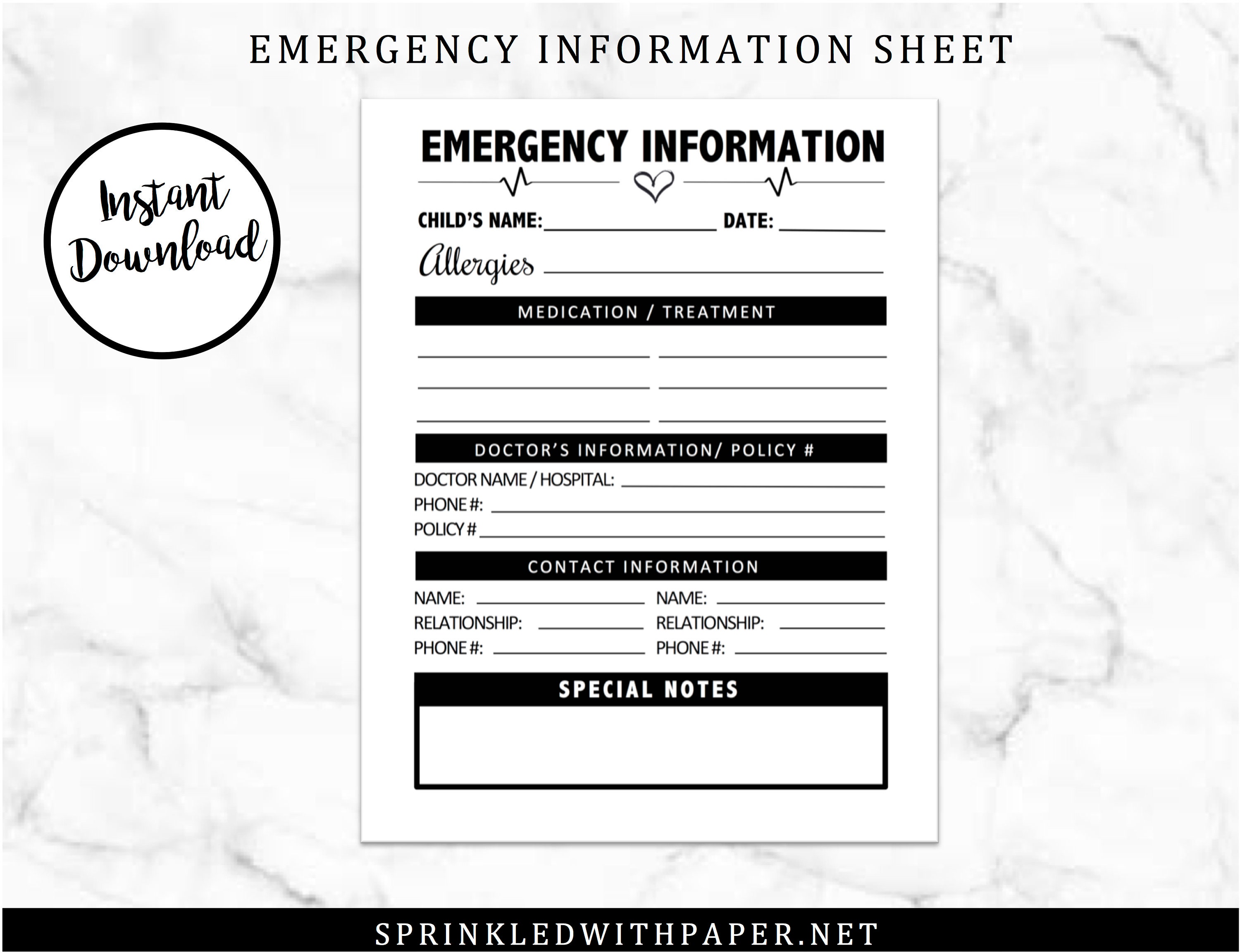 INSTANT Download-printable -emergency Information Sheet- Emergency ...