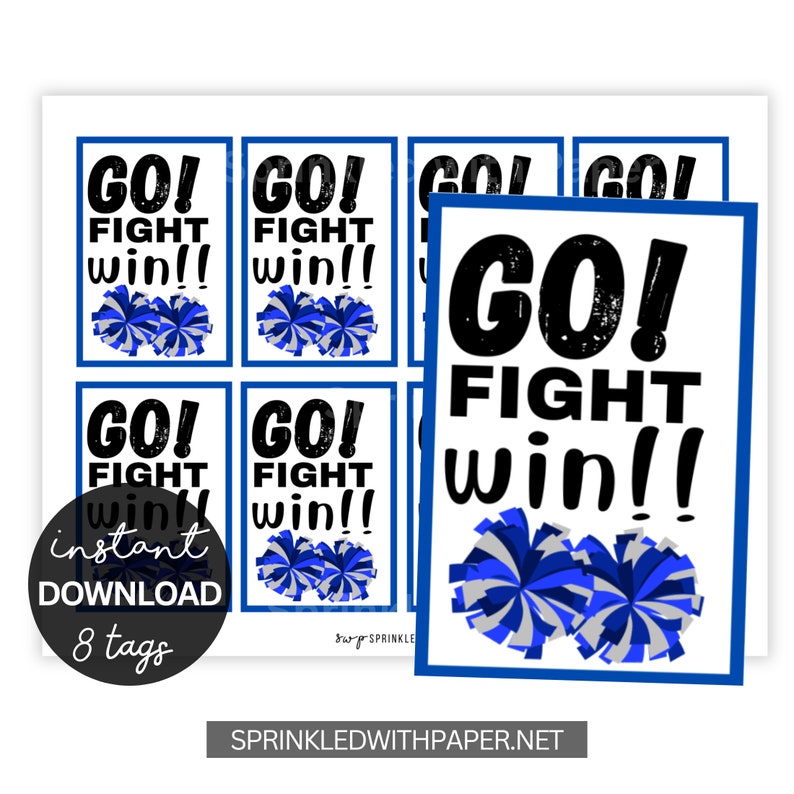 It's Game Day Cheer Printable Tags, Cheer Good Luck Tag, Blue Cheer Pom ...