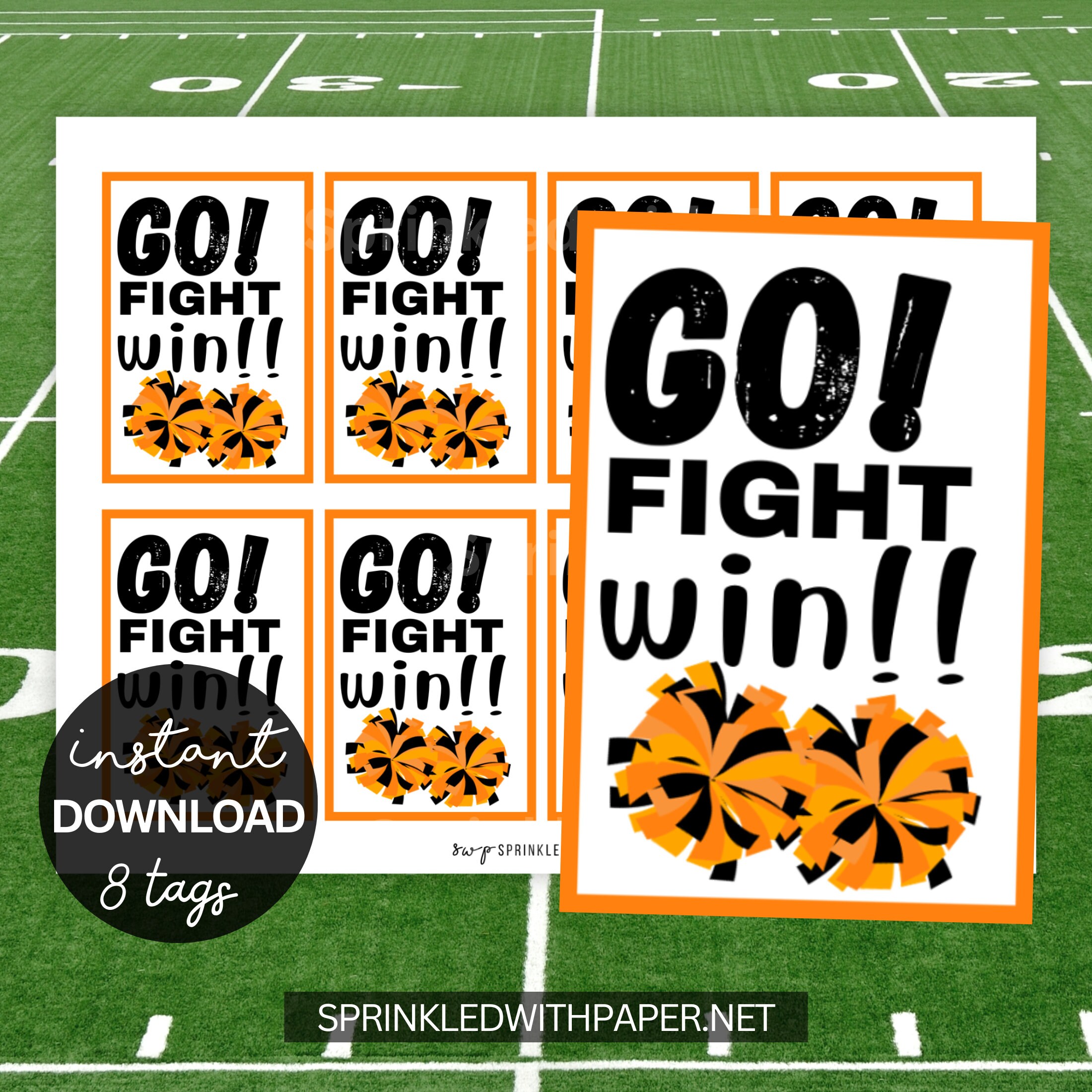 It's Game Day Cheer Printable Tags, Cheer Good Luck Tag, Orange Cheer ...