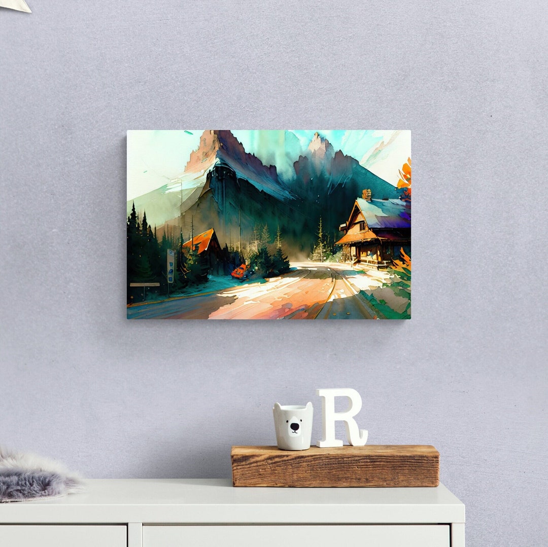 Watercolor Mountain Cabin Art Lodge Decor Rustic Cabin Print Majestic ...