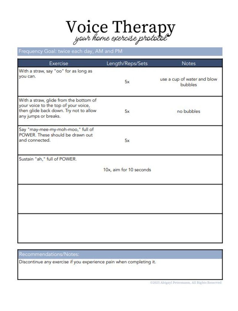 SLP Voice Exercises Fillable Template / HEP / Adults / Dysphonia ...