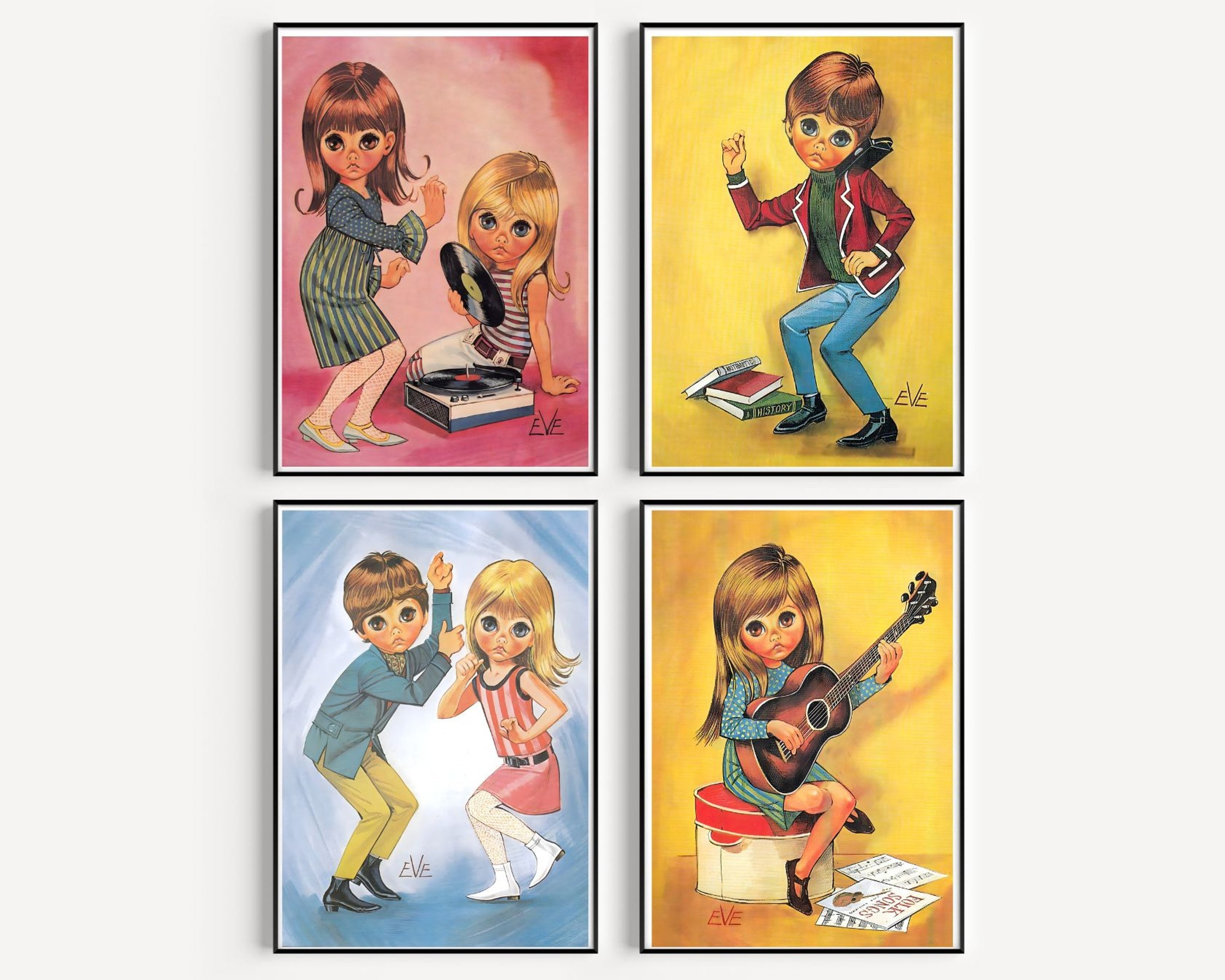 Set of 4 Vintage Big Eye Prints, Mid Century Modern, Kitsch Art, Kitsch ...