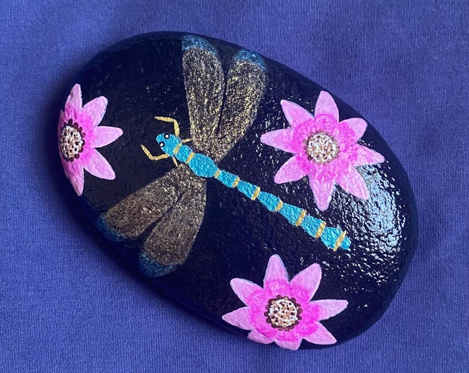 Dragonfly Painted Rock, Flower Painted Stone, Dragonflies Home Decor ...
