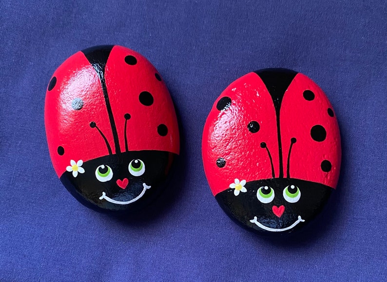 Ladybug Painted Rocks, Bug Painted Stones, Set of 2 Ladybugs, Garden ...
