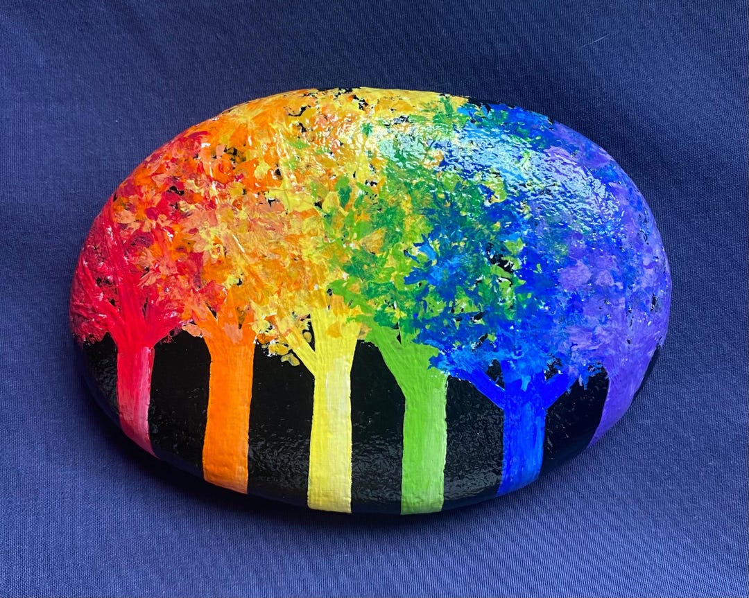 Rainbow Trees Painted Rock: Colorful Painted Stone, Unique Home Decor ...
