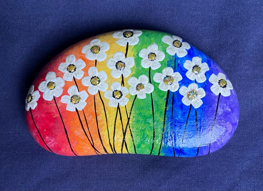 Flower Painted Rock, Rainbow Painted Stone, Floral Paperweights, Home ...